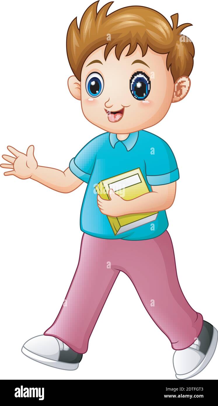 Vector illustration of Cartoon boy holding a book with waving hand ...