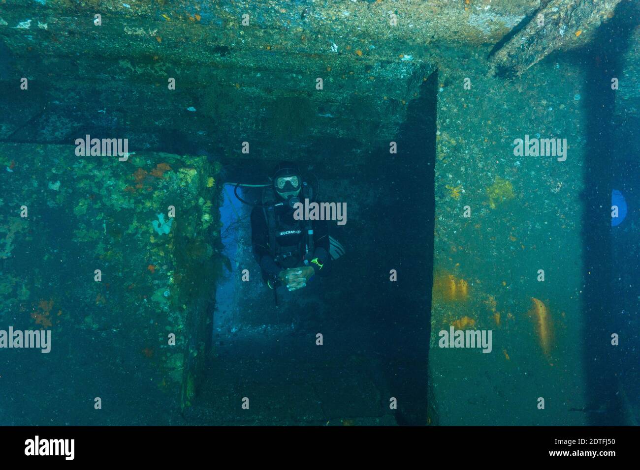A Scuba Diver exploring the inside chambers of a Shipwreck in Bali ...