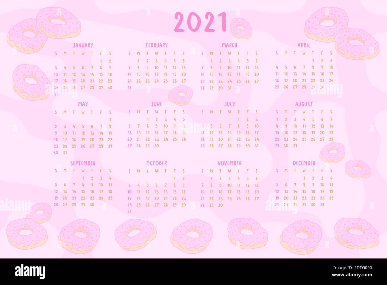 2021calendar hand drawn cute cartoon style pink donuts. Wall annual ...