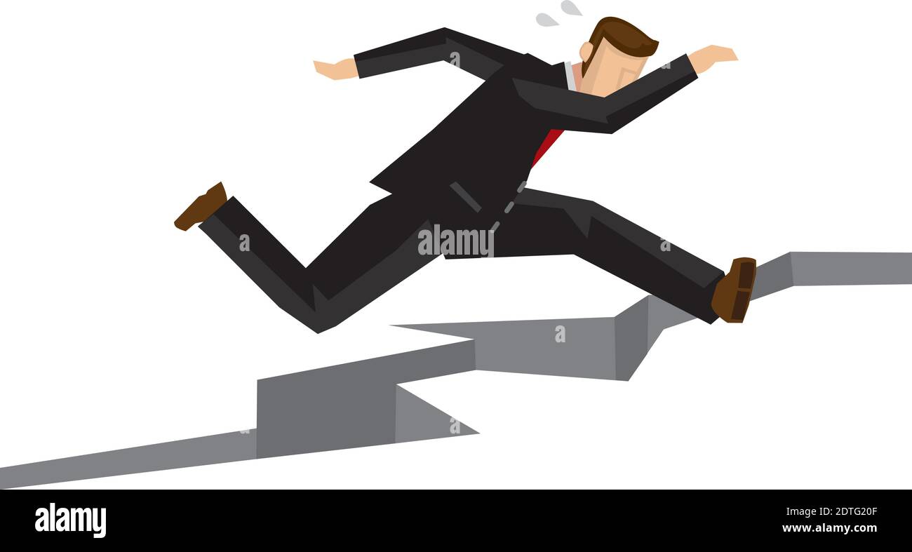 Stress businessman jumping over a crack earth. Concept of overcoming ...