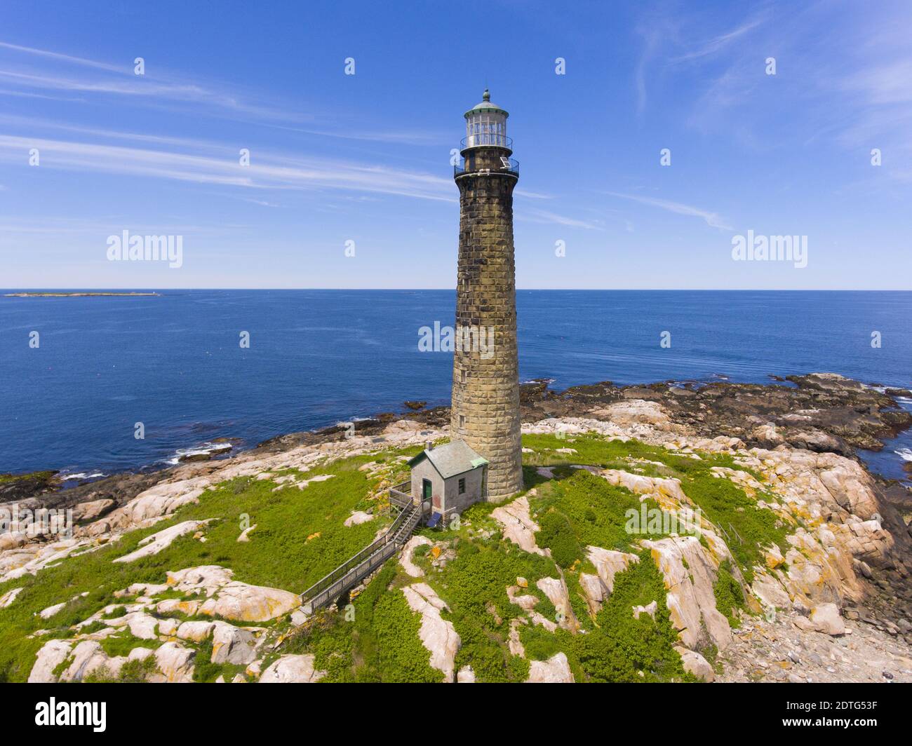 Aerial view of Thacher Island Lighthouses on Thacher Island, Rockport ...