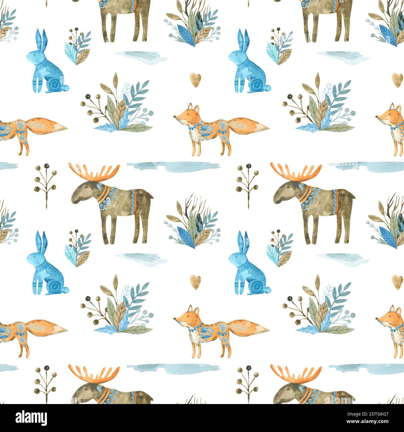 Seamless pattern of folk forest animals Fox elk rabbit. Watercolor ...