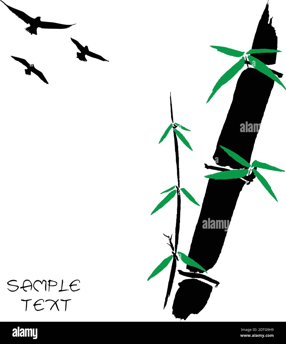 Hand drawn illustration of a bamboo and bird silhouette against a white ...
