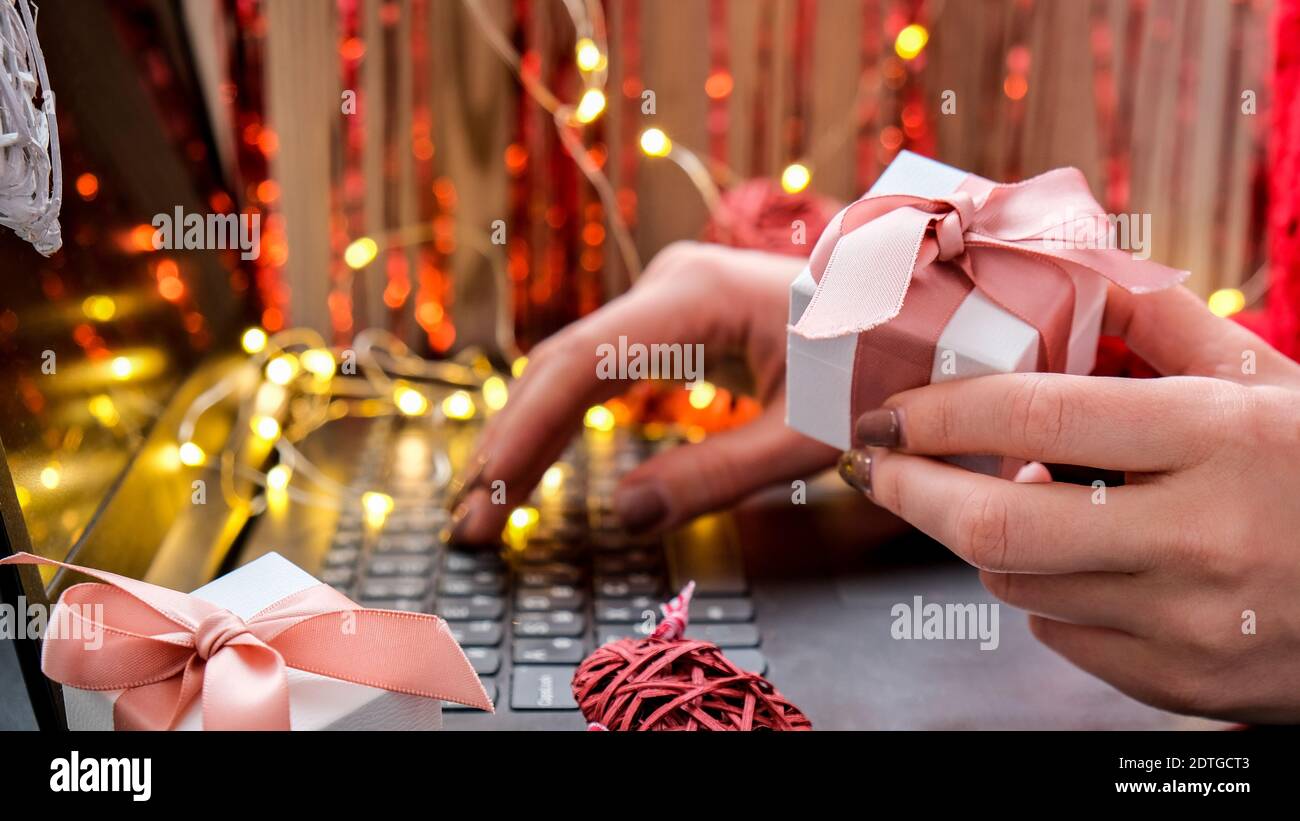 Online shopping concept with woman hand typing computer keyboard ...