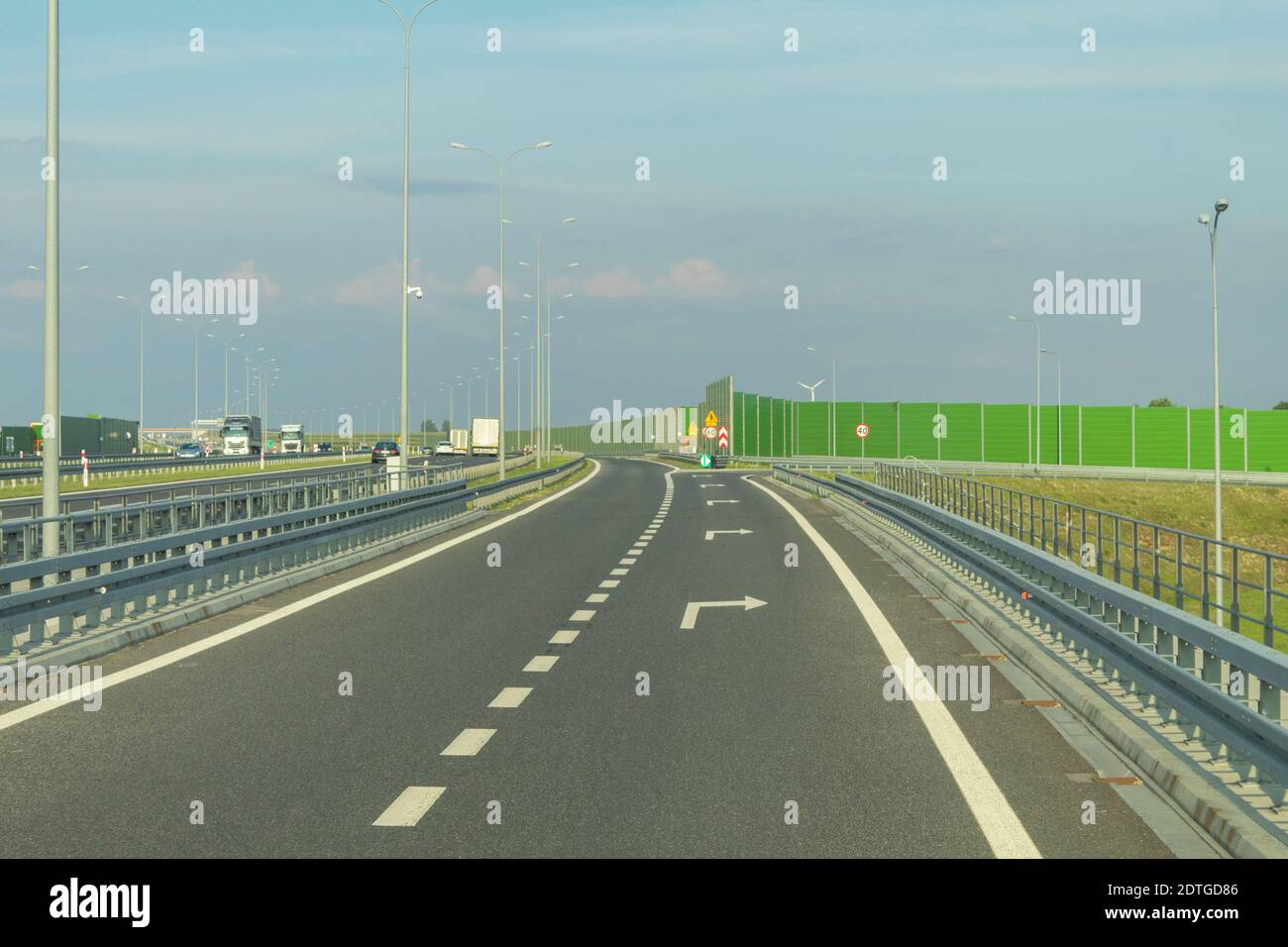Road markings and right turn. View of the road with markings from the ...