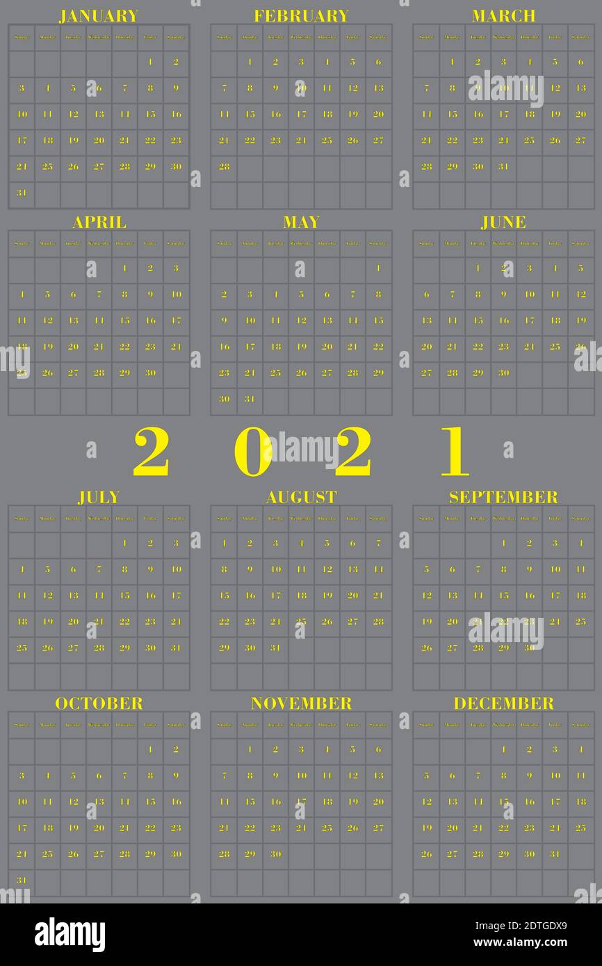 2021 vertical anual calendar yellow on gray colors of year 2021 ...