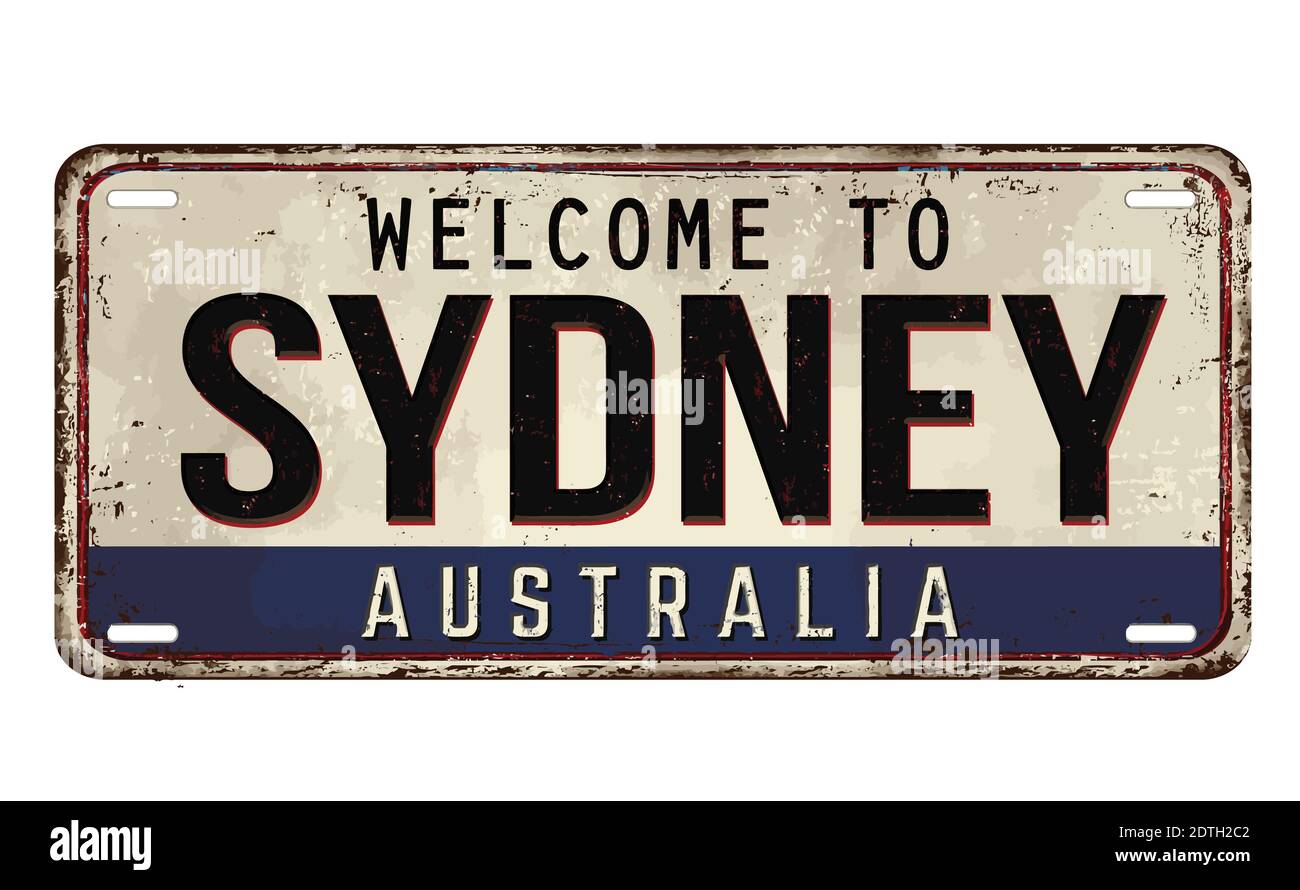 Welcome to Sydney vintage rusty metal plate on a white background ...