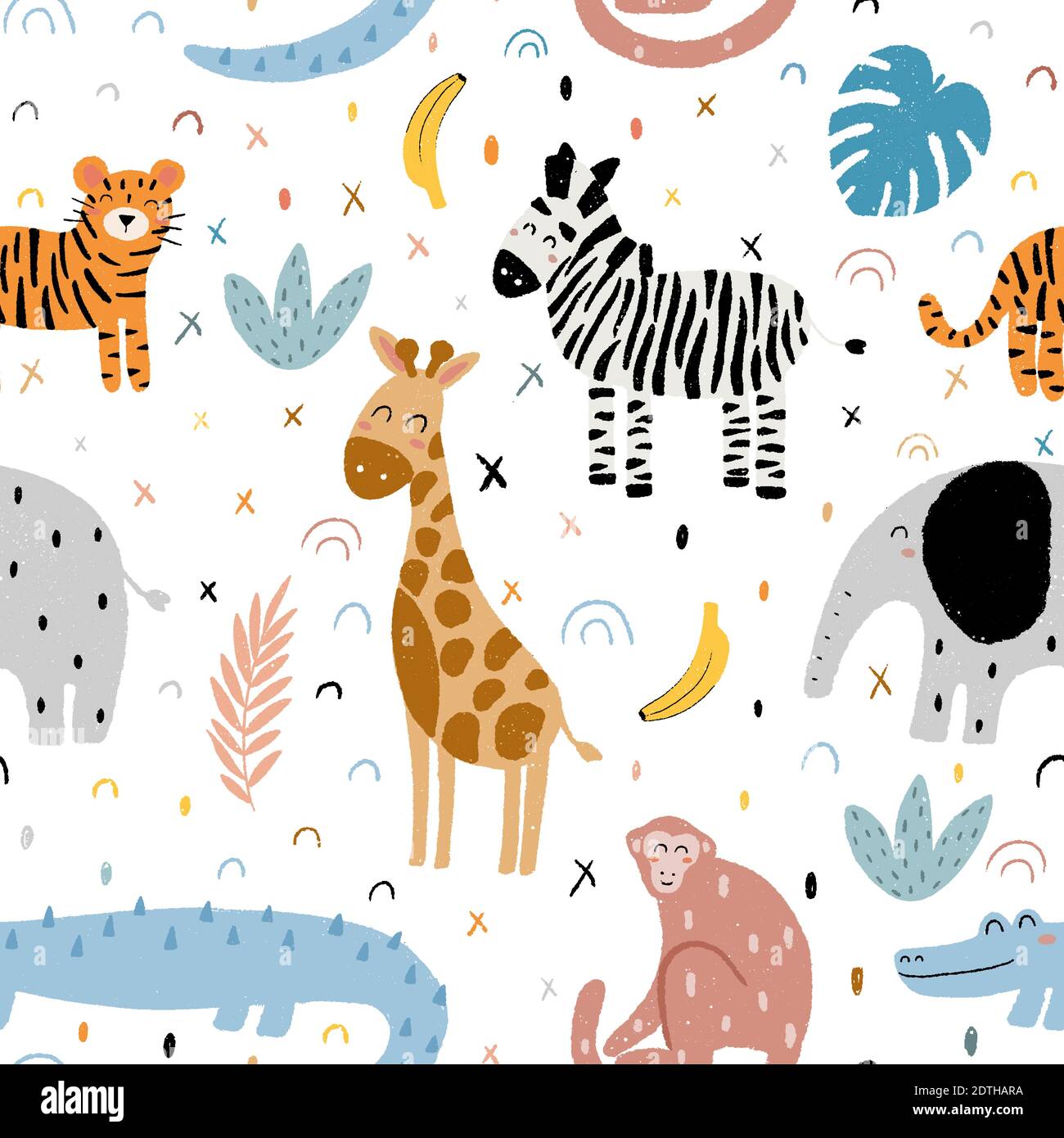 Cute childish doodle seamless pattern with wild African animals: zebra ...