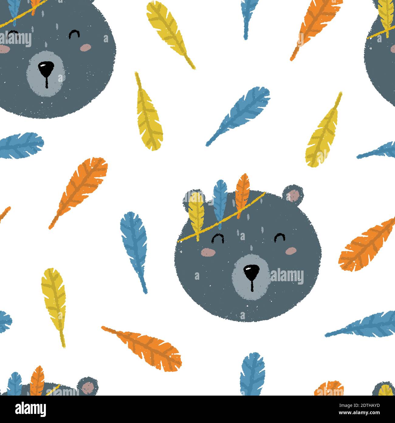 Cute childish seamless pattern with boho style bear and feathers. Hand ...