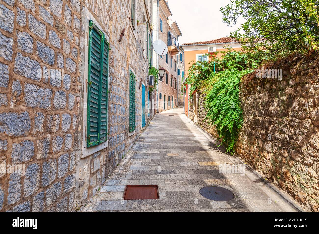 Famous narrow european streets of Herceg Novi, Montenegro Stock Photo ...