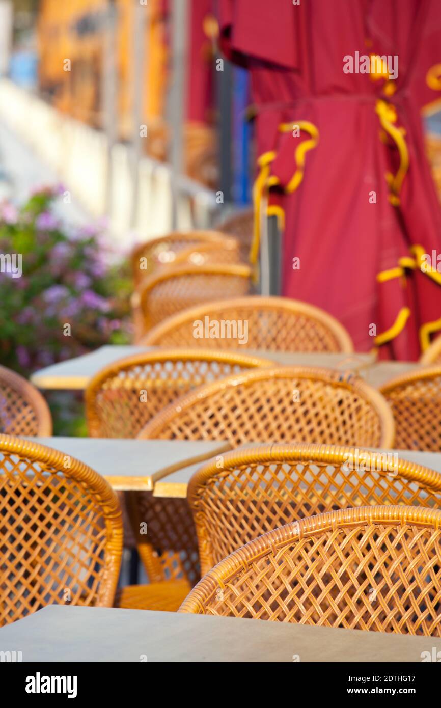 Beach cafe with table and chairs in Menton Stock Photo - Alamy