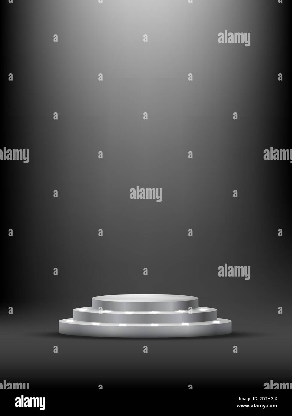 Silver three step podium under falling light isolated on dark ...