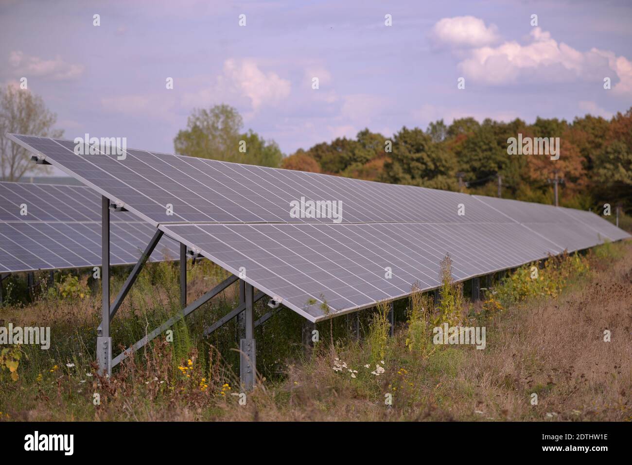 A view of solar panels at a rural landscape - renewable energy, ecology ...