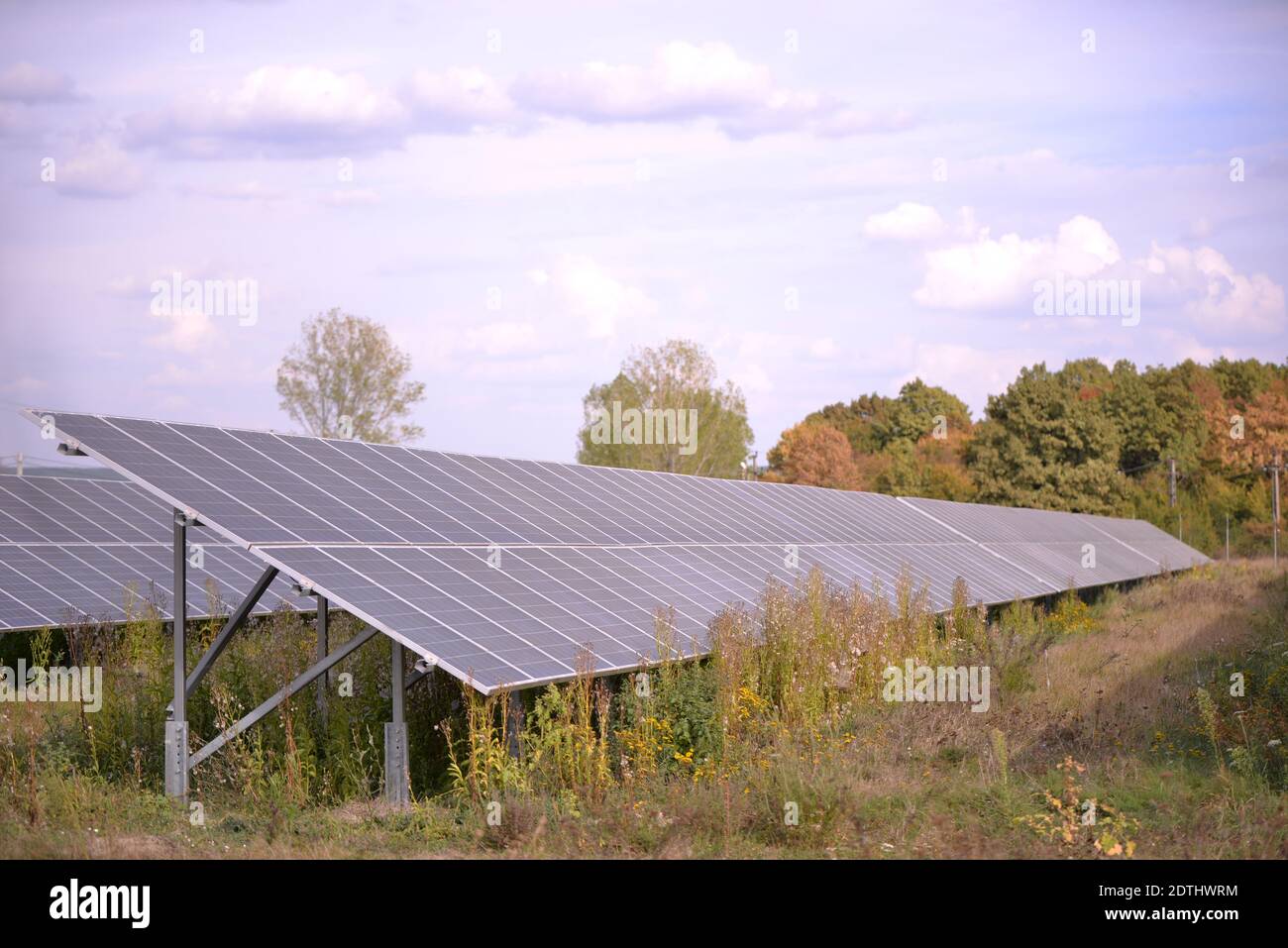 A view of solar panels at a rural landscape - renewable energy, ecology ...