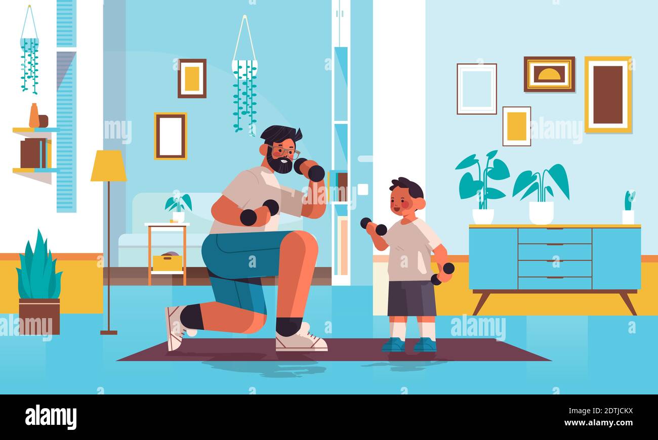young father and son doing physical exercises with dumbbells parenting ...