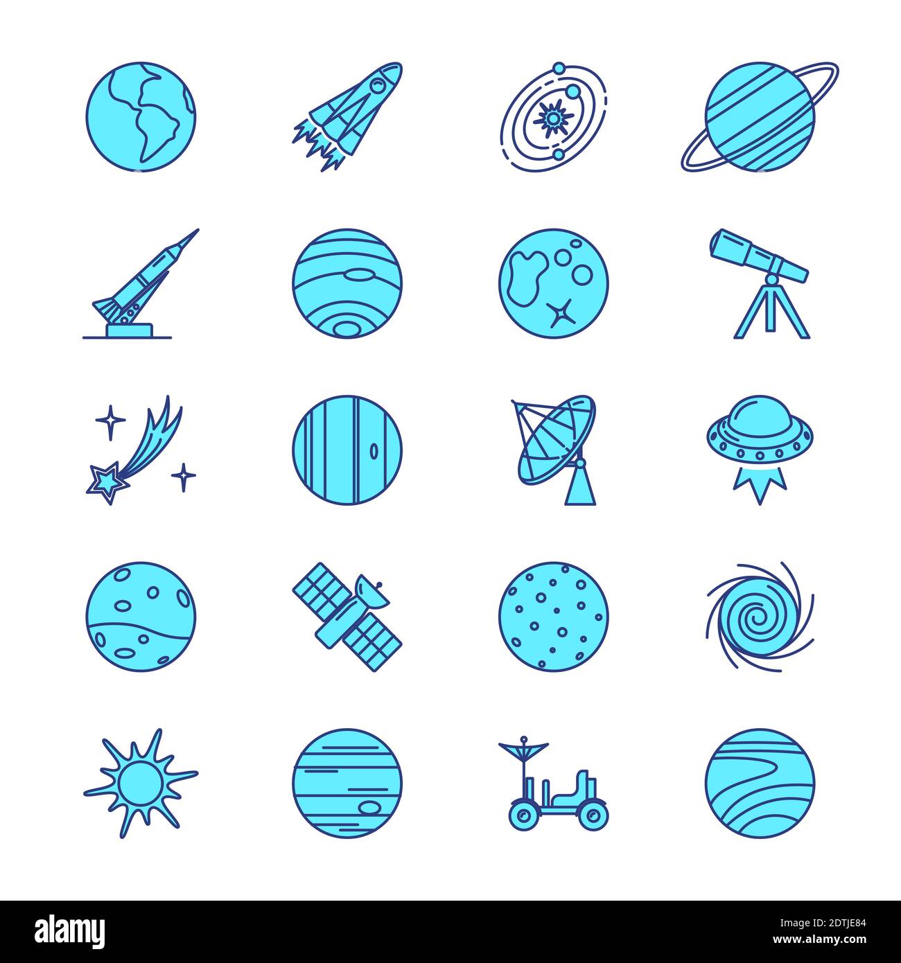 Space exploration icons set in colored line style. Solar system planets, rocket and other ...