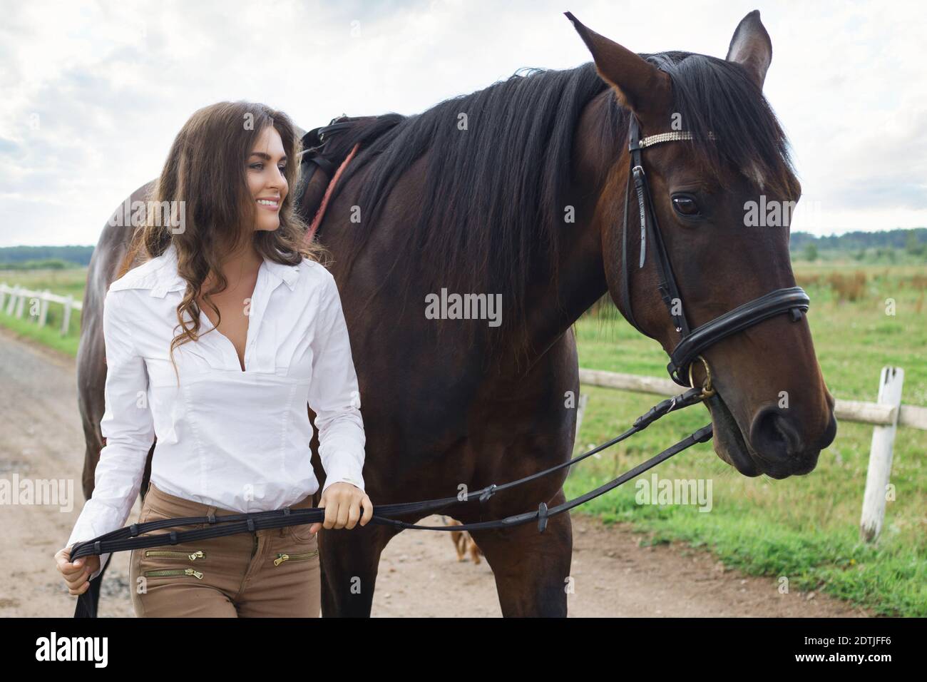 Young woman rider walking with her beautiful horse at countryside Stock ...