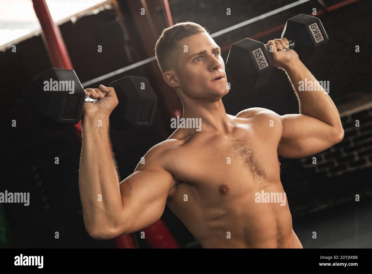 Young handsome bodybuilder doing shoulder press in the gym Stock Photo ...