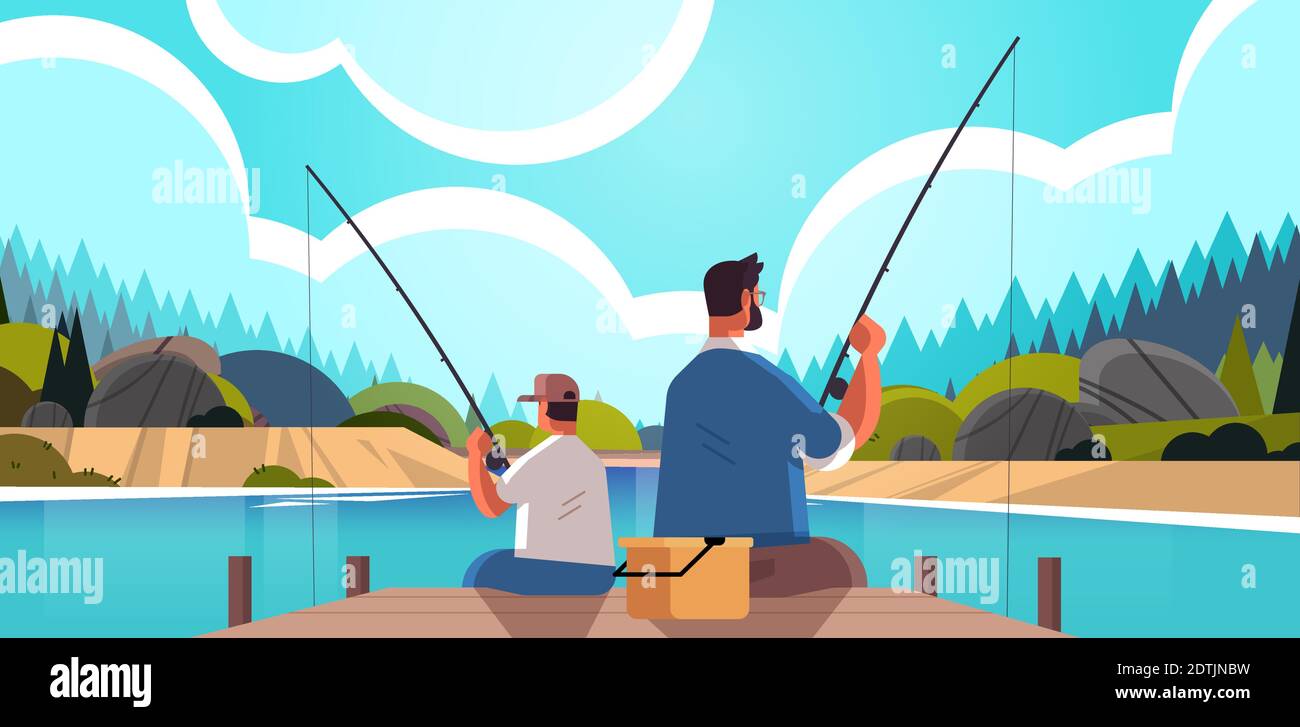 young father fishing with son parenting fatherhood concept dad teaching ...