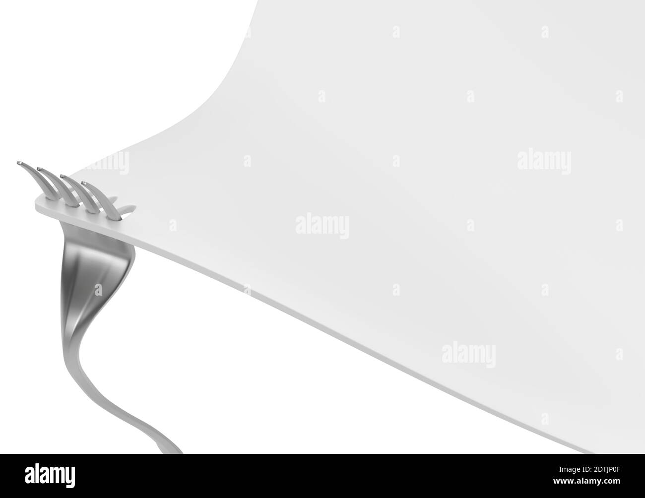 Fork metal pulling pierced white surface, 3d illustration, horizontal ...