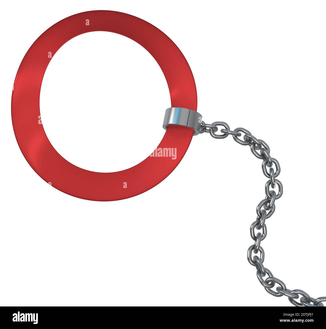 Red tape shackles ring holding tethered, chain metal 3d illustration ...