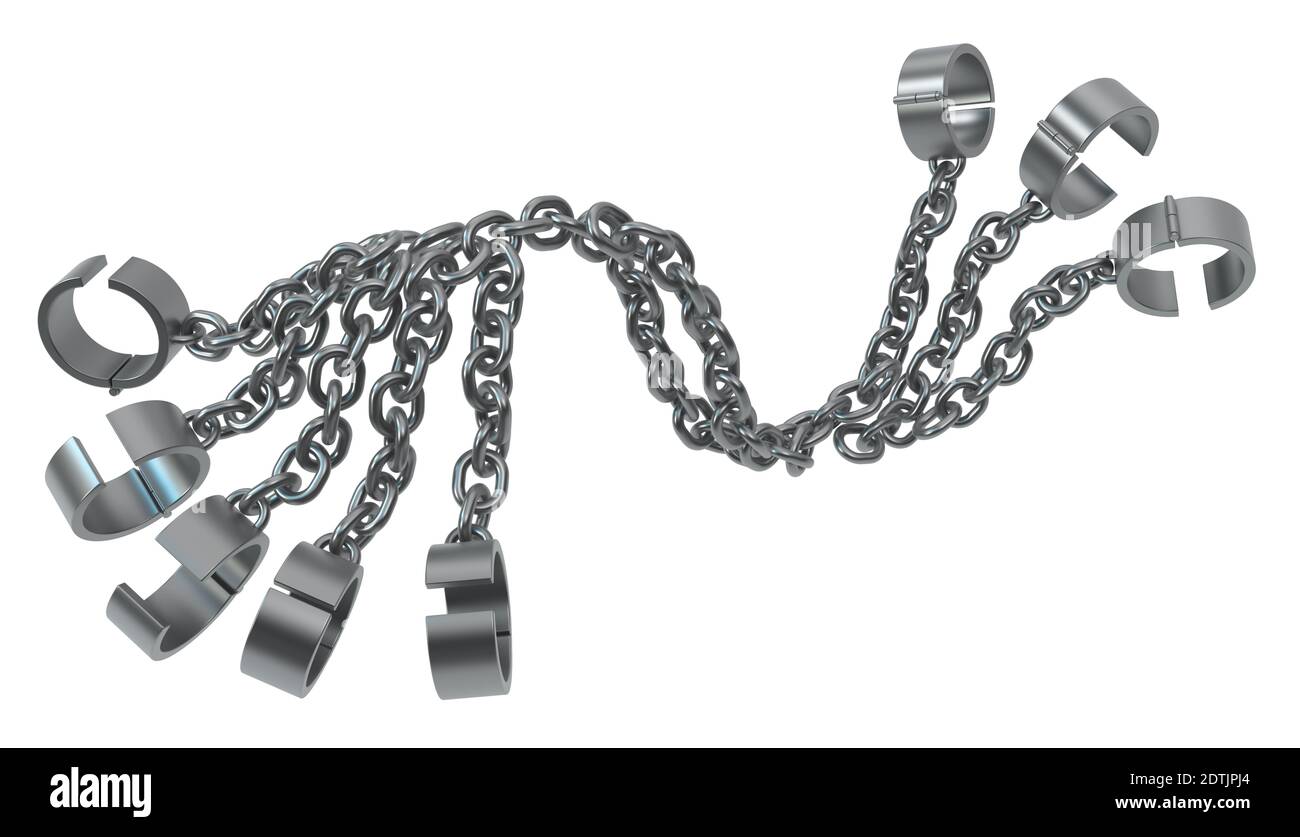 Shackles chain array bunch spread grey metal 3d illustration, isolated ...