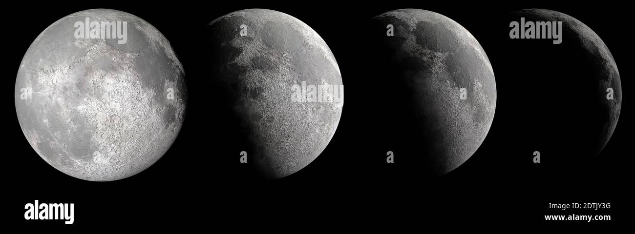 Close up detail of various moon phases from full to waxing crescent ...