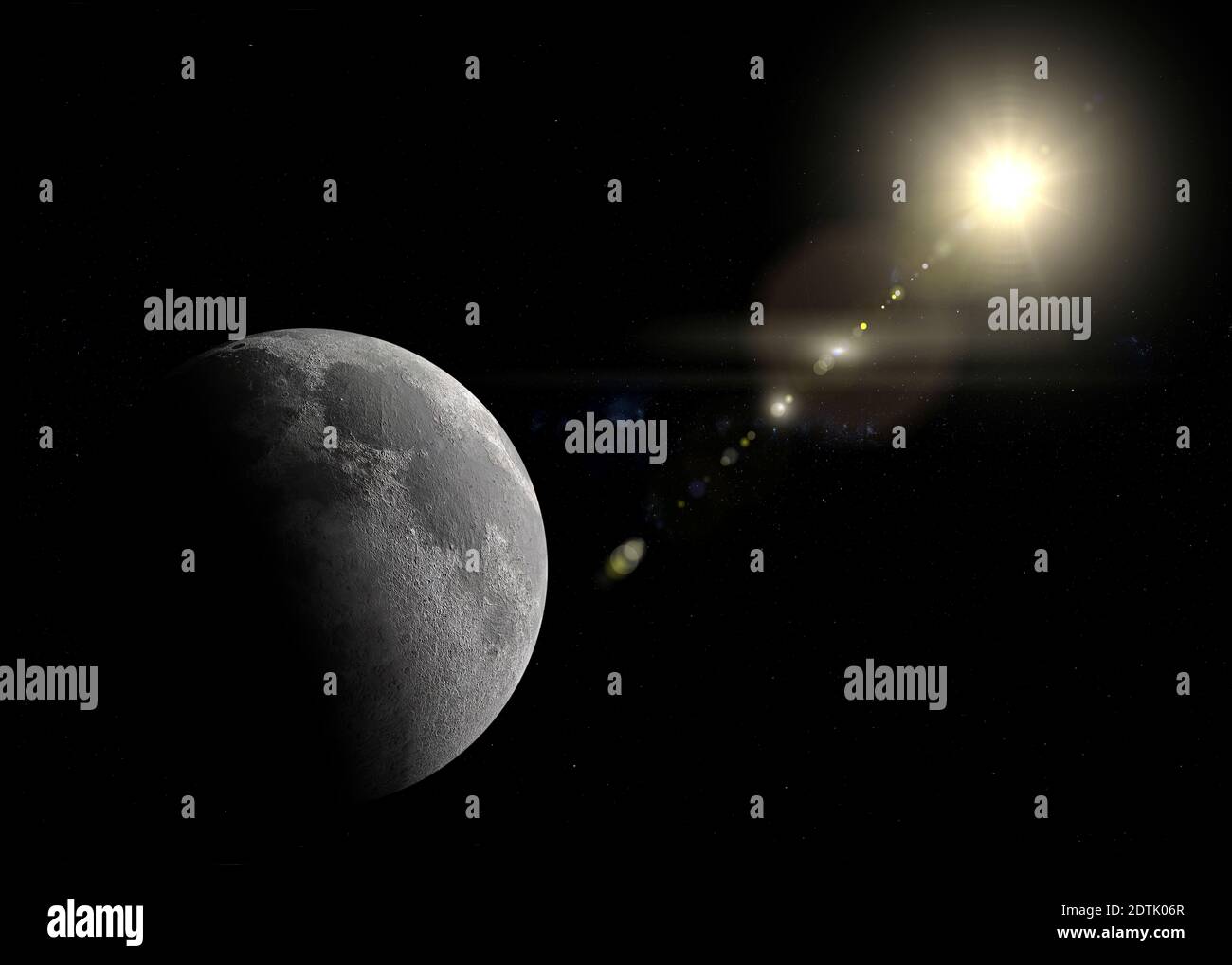 Sun shining onto the moons surface showing crater detail Stock Photo ...