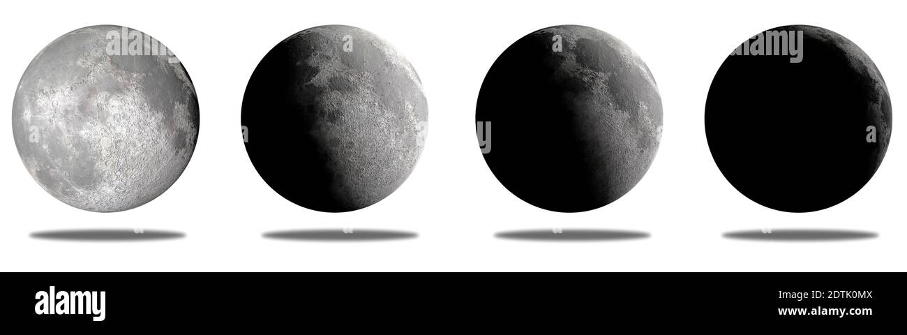 Close up detail of various moon phases from full to waxing crescent on ...