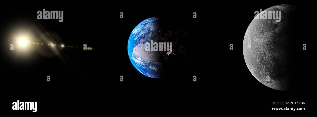 Sun, Earth and moon from space panoramic concept Stock Photo - Alamy