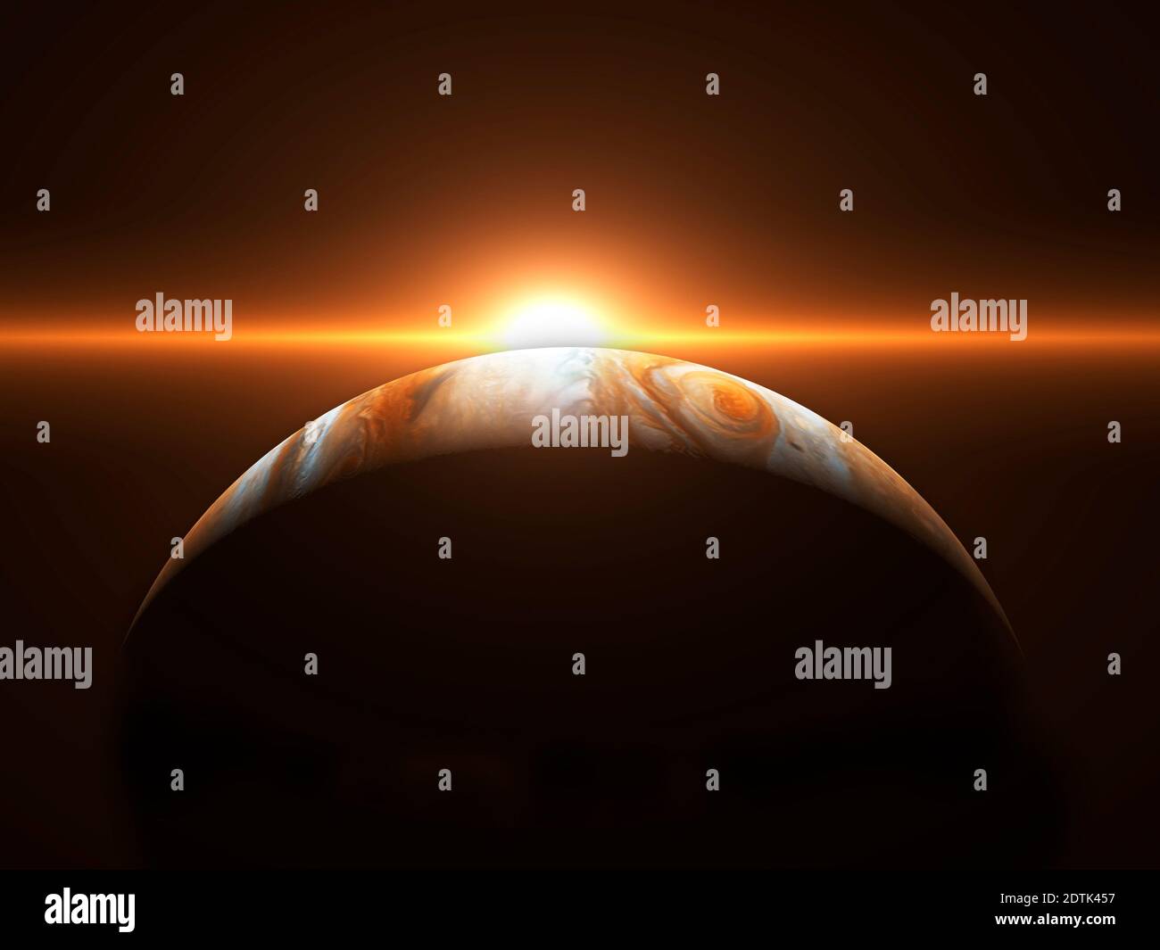 Dramatic sunrise with flare over the gas giant Jupiter in space concept ...