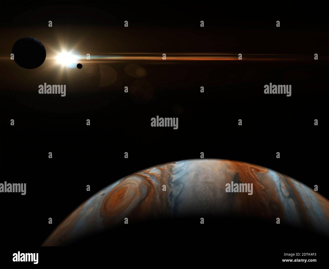 Two moons passing the sun orbiting the gas giant Jupiter in space ...