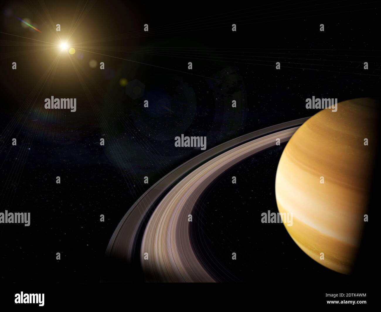 gas giant Saturn with a bright sun orbiting in space concept Stock ...
