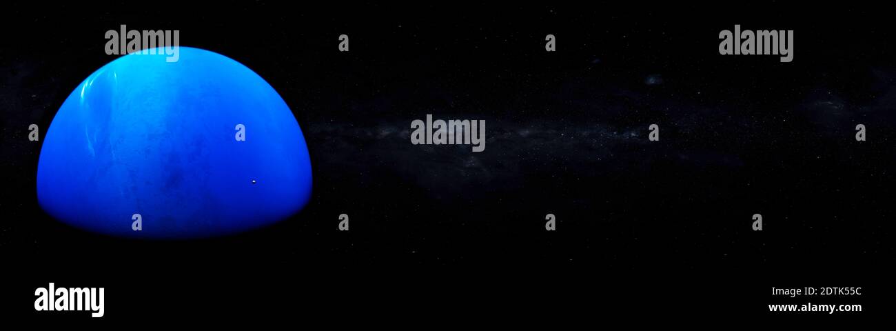 Gas giant Neptune in space with moons and atmosphere concept panoramic ...