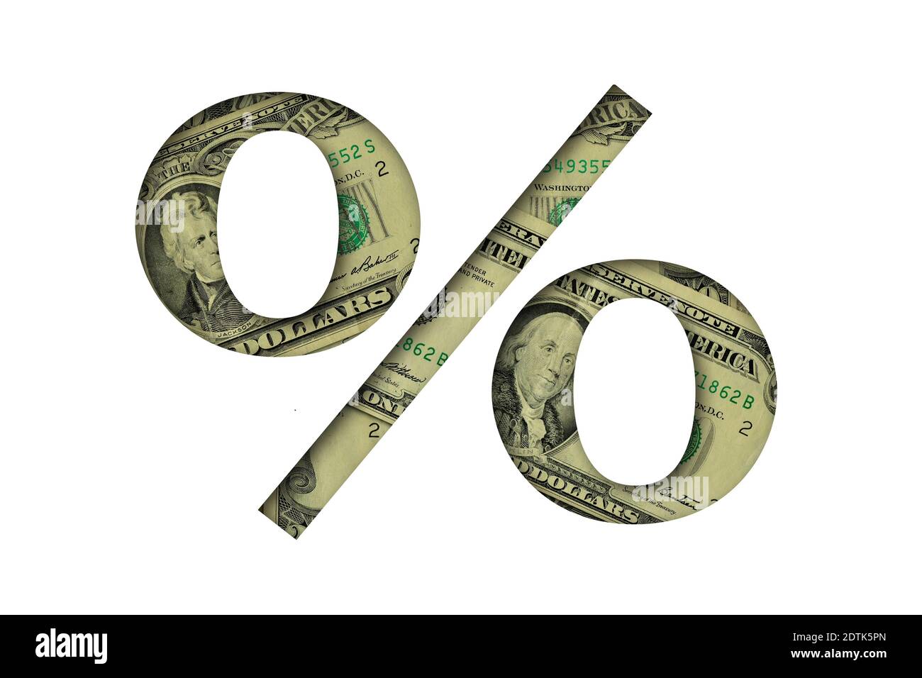 Percent sign with dollar banknotes - Concept of money and economy Stock ...