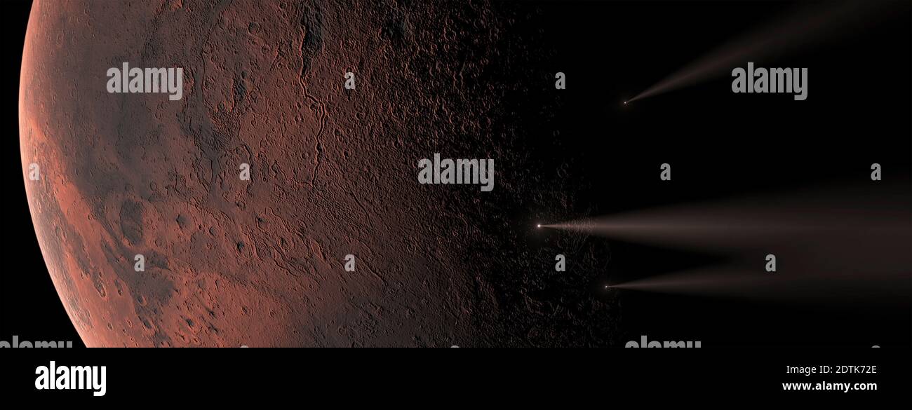 Meteors burning through Mars atmosphere on a collision path concept ...