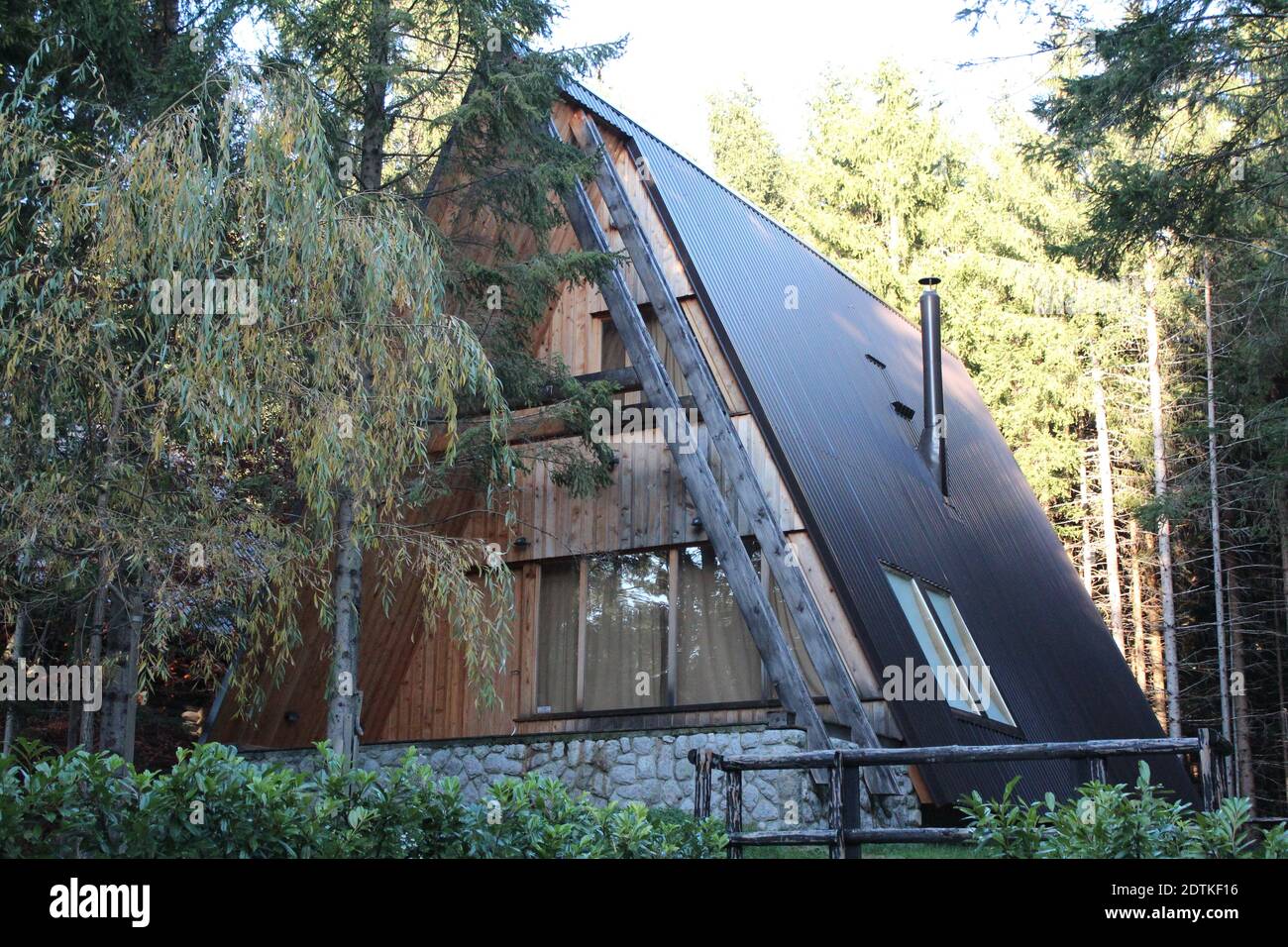 A modern wooden triangle house in the forest Stock Photo - Alamy