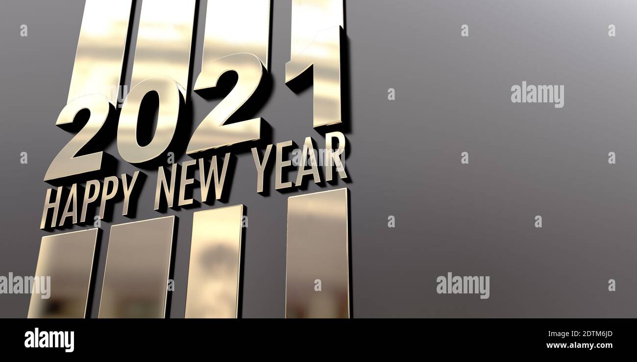 3D rendering of the writing Happy New Year 2021 in a mirror golden ...