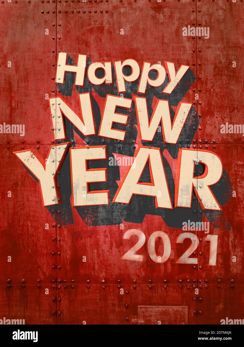 Happy New Year 2021 in white letters on a red grunge industrial ...