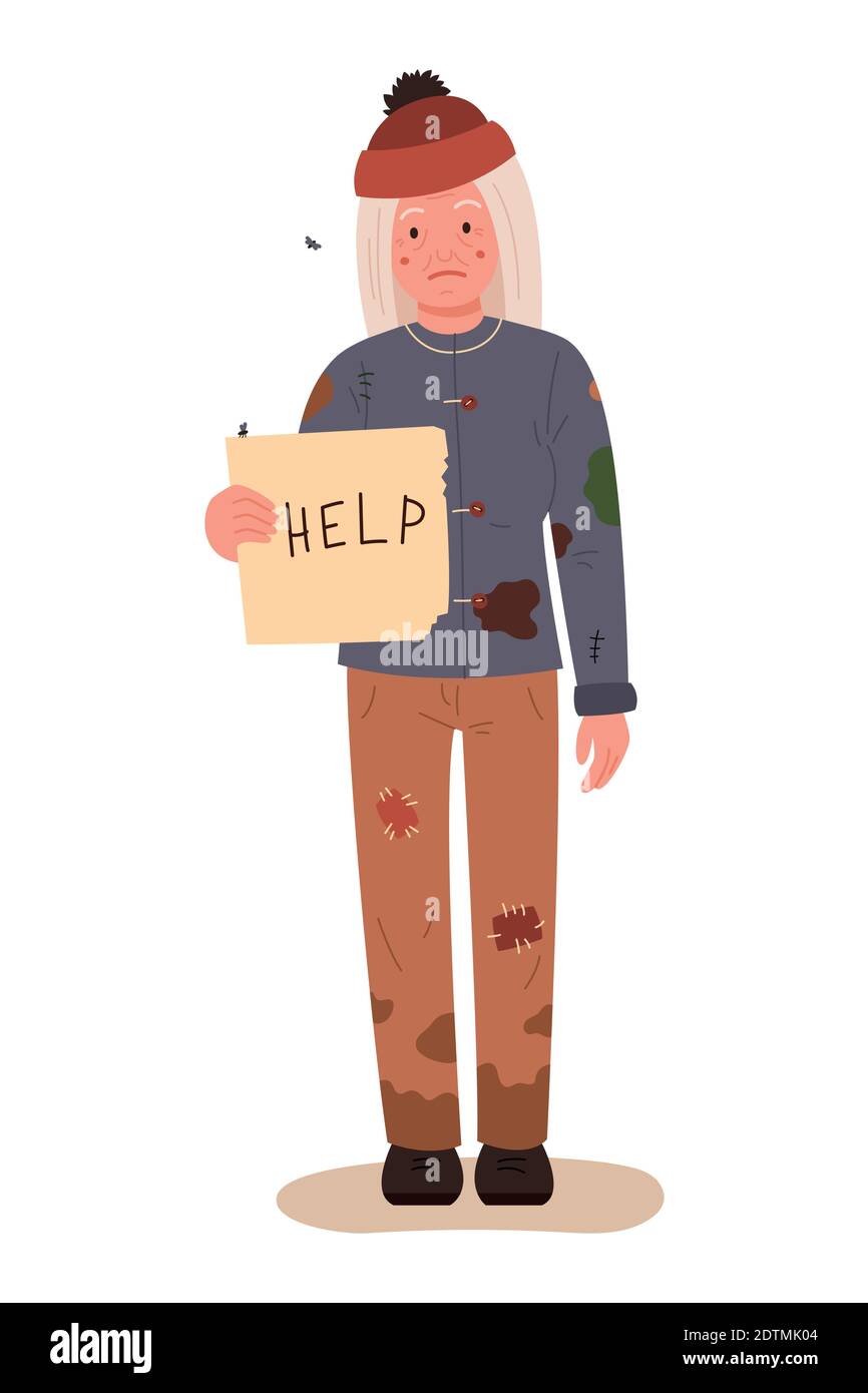 Homeless woman holding a sign for help. Vector illustration on white ...