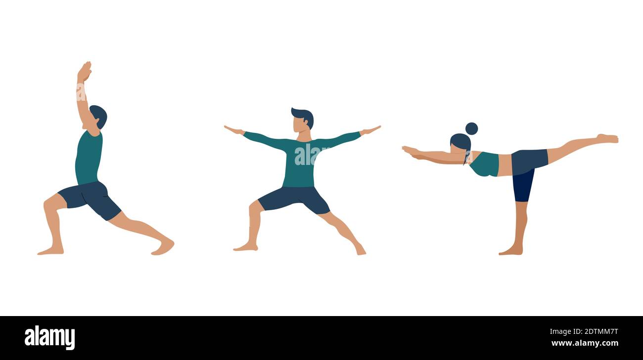 Collection of young people performing yoga asana Virabhadrasana. Set of ...