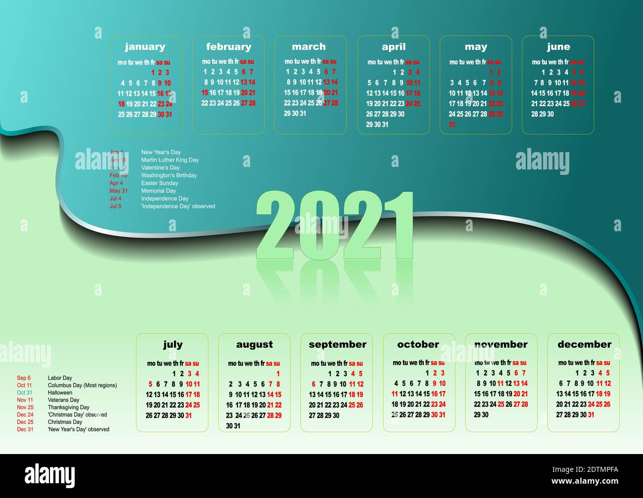 Calendar 2021 with American holidays. Months. Vector illustration Stock ...