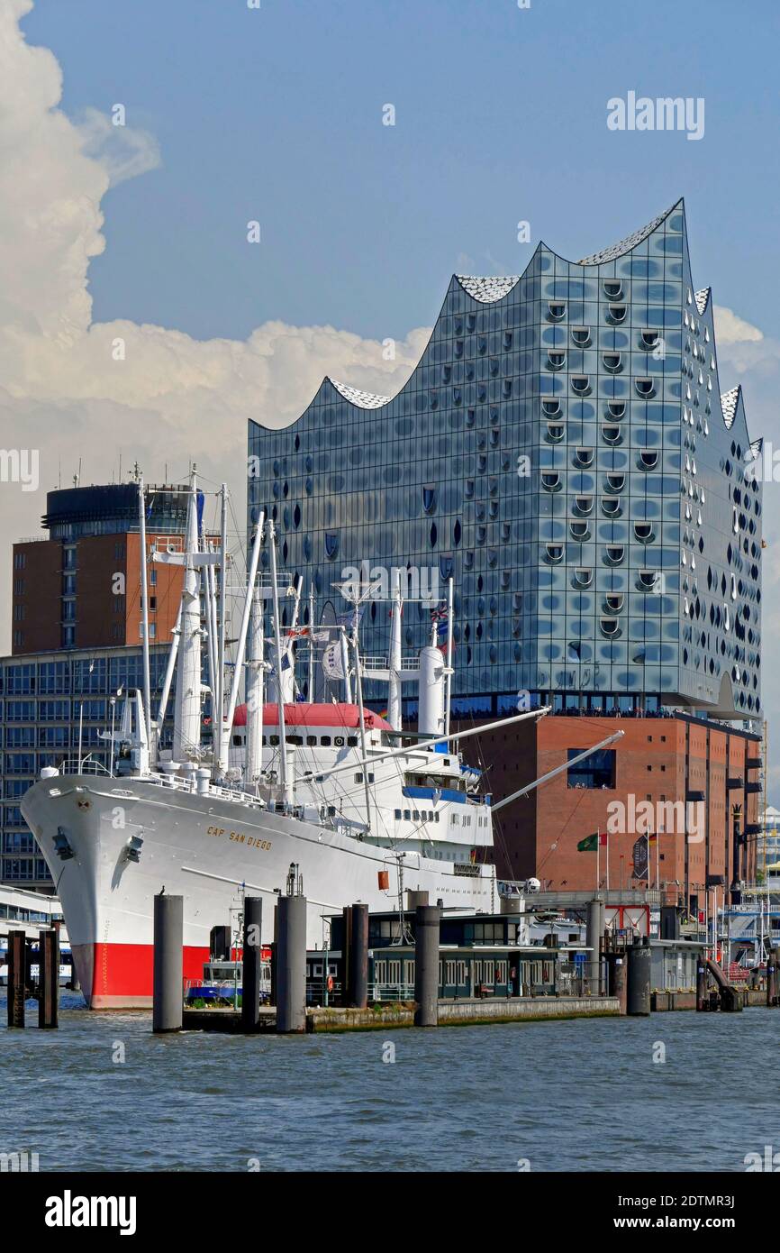 Museum ship Cap San Diego and Elbphilharmonie, Hamburg, Germany Stock ...