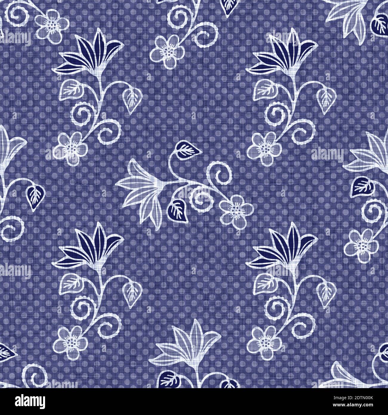 Indigo blue flower block print dyed linen texture background. Seamless ...