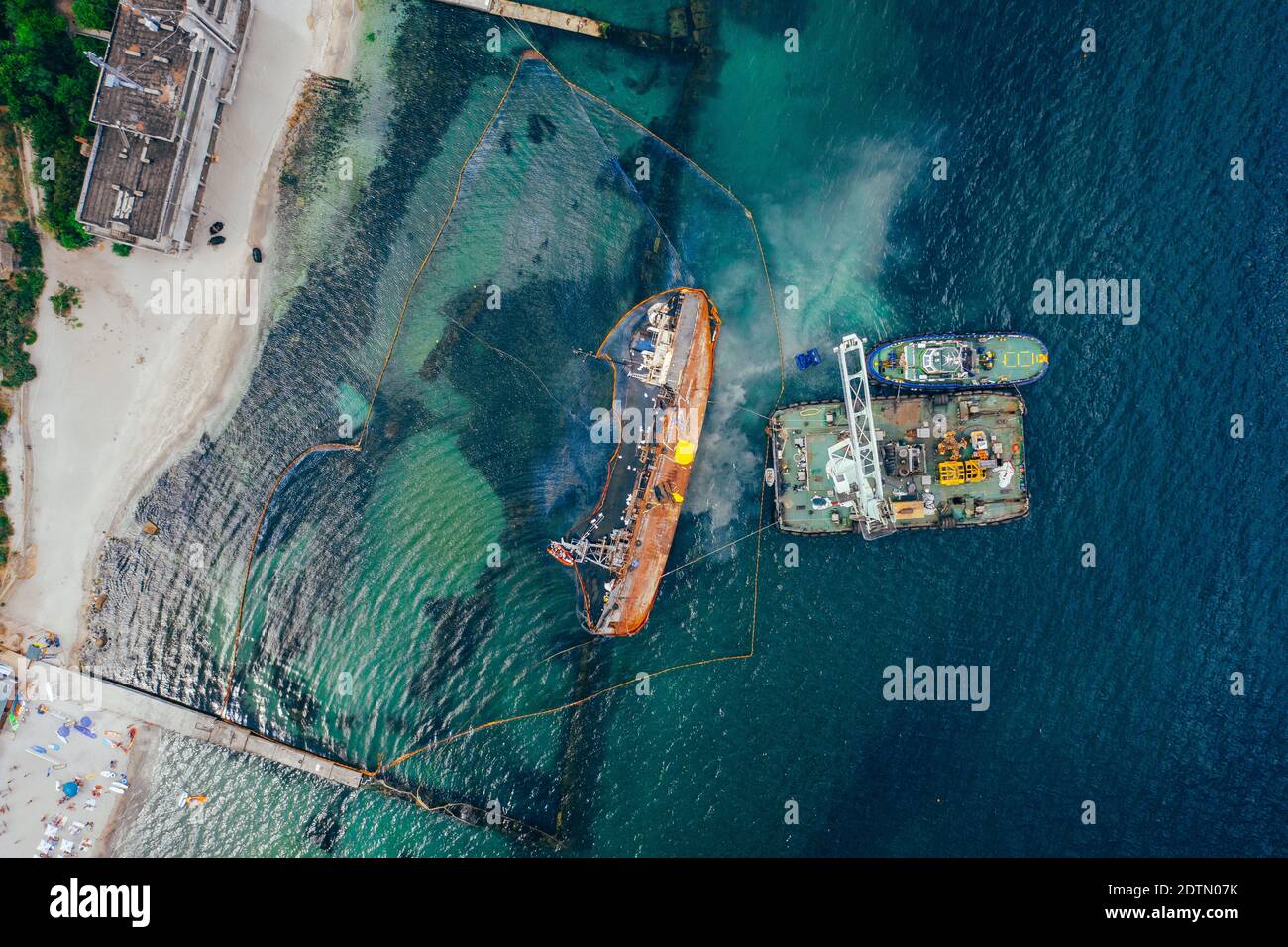 Top view of an old tanker that ran aground and overturned Stock Photo ...