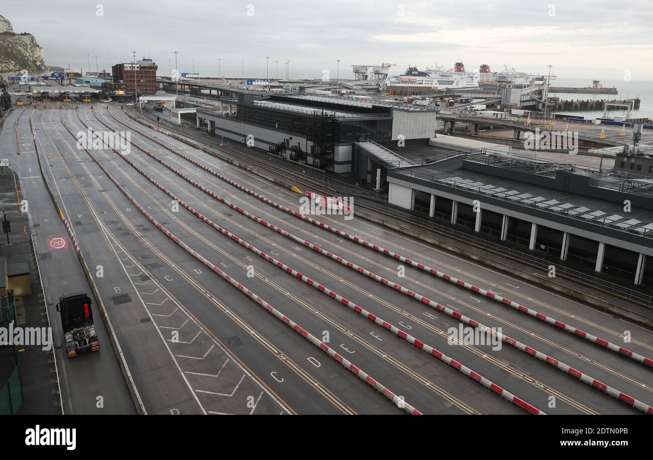 General view of empty lanes leading to check-in at the port of Dover ...