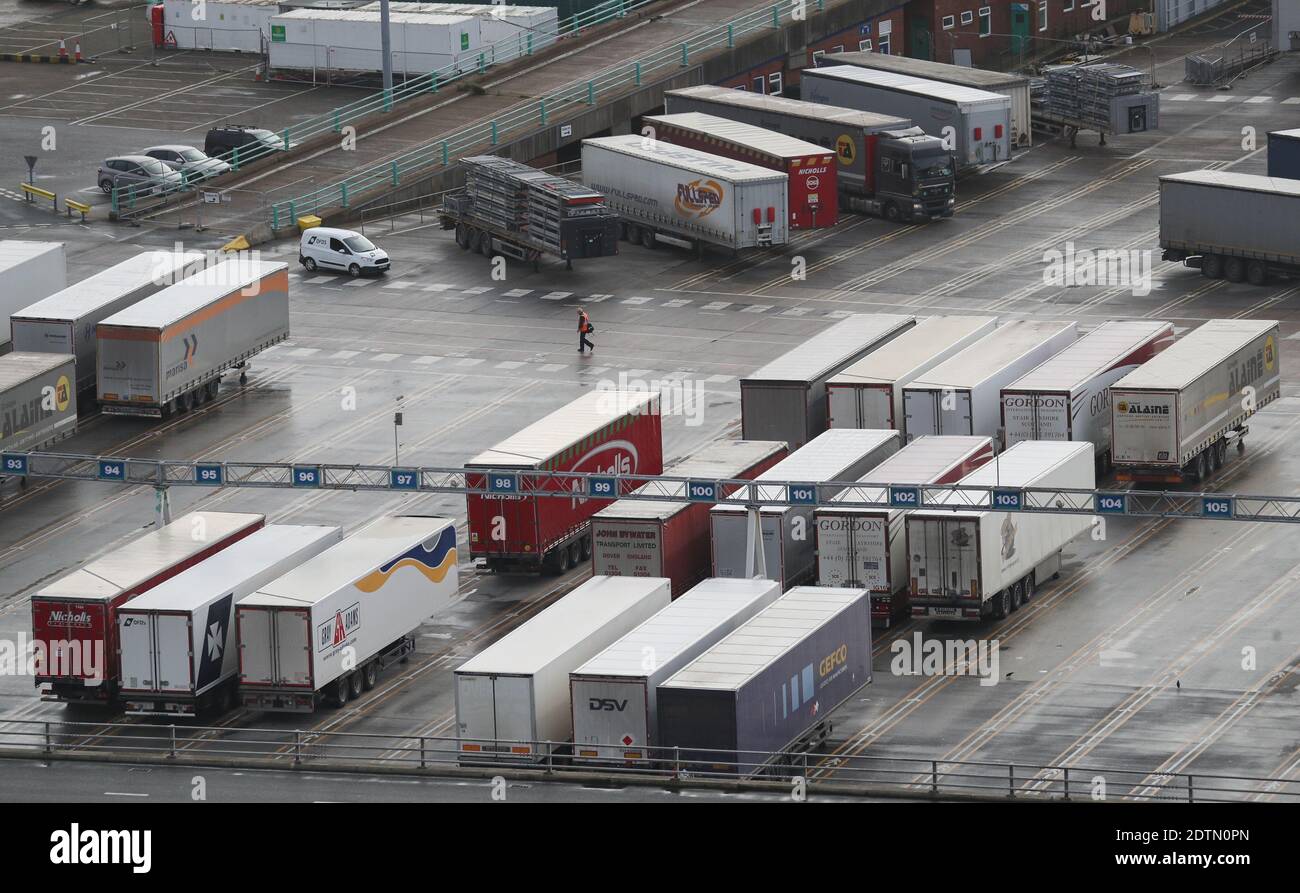 Lorries and trailers parked up inside the Port of Dover, Kent ...