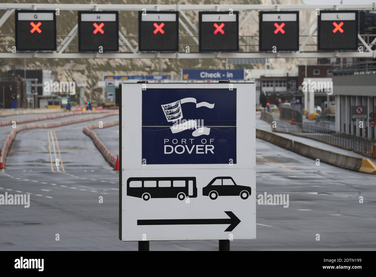 General view of a sign for the port of Dover in front of empty lanes ...