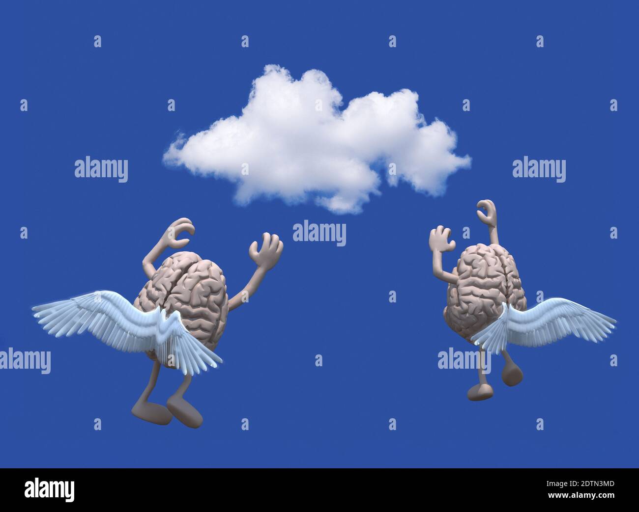 cartoon of two human brains flying to a cloud in the sky, 3d ...