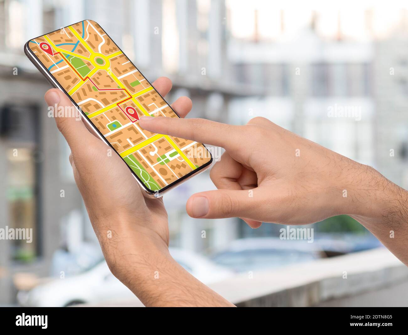 Man Using Smartphone App With Gps Maps For Search Location, Creative ...